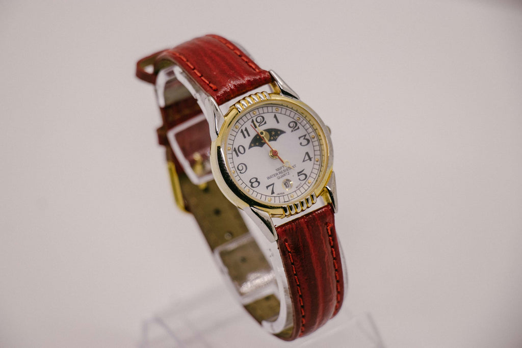 Vintage Moon Phase Quartz Watch for Ladies with Red Leather Strap ...