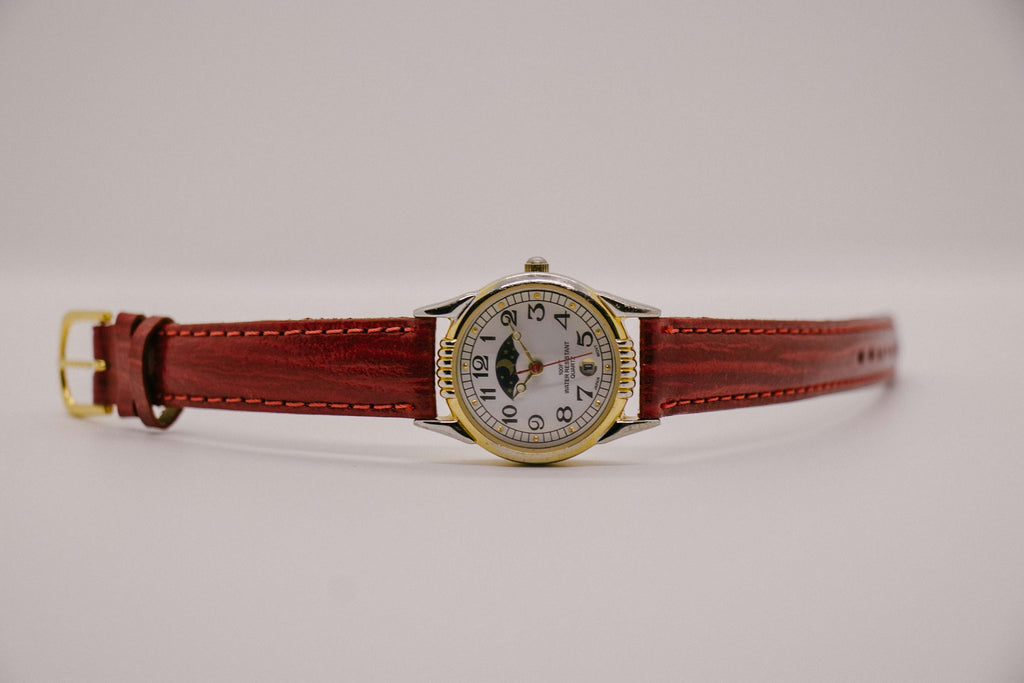 Vintage Moon Phase Quartz Watch for Ladies with Red Leather Strap ...