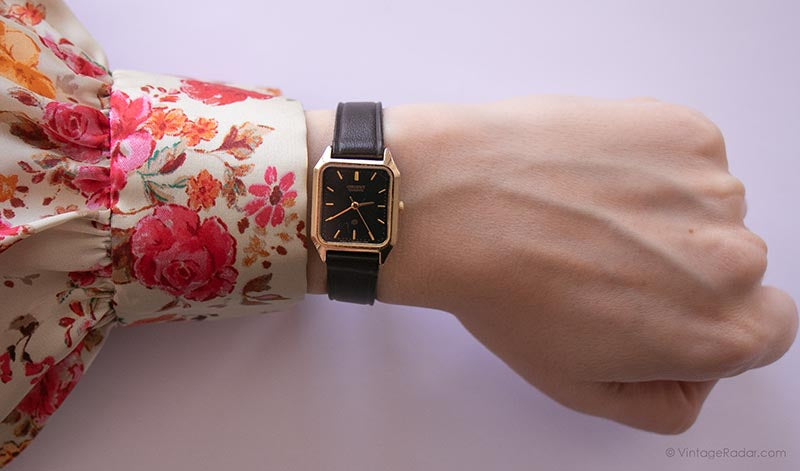 Vintage Orient Gold-tone Watch | Black Dial Rectangular Watch for Her ...