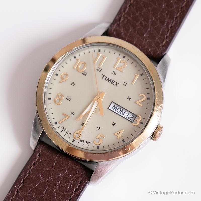 Vintage Luxurious Timex Indiglo Day Date Watch with Champagne Dial ...