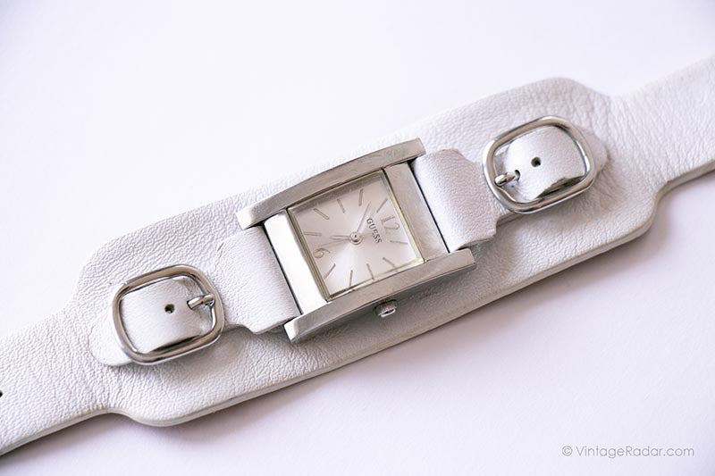 Vintage Rectangular Guess Watch for Women | White Leather Cuff Watch ...