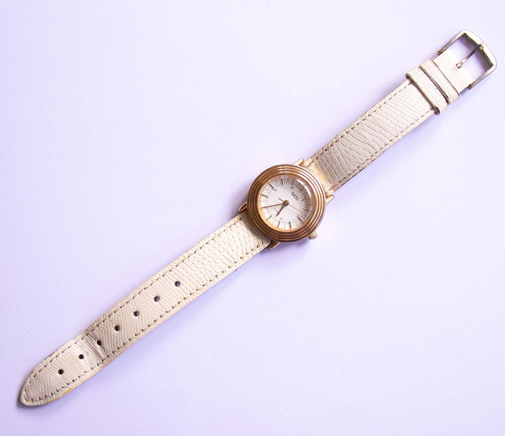 Gold-tone Retro-Vintage Guess Watch with White Leather Bracelet ...