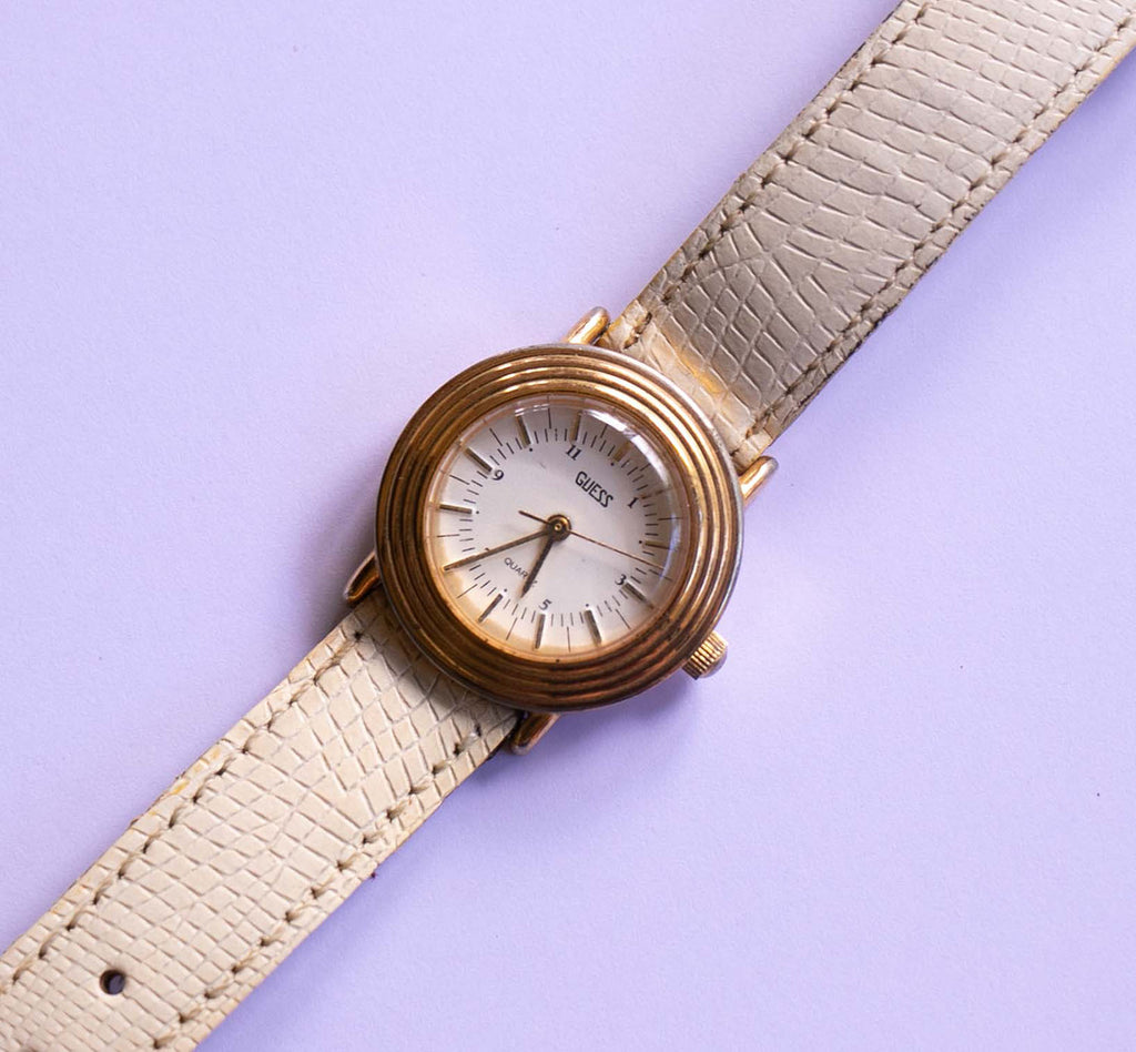 Gold-tone Retro-Vintage Guess Watch with White Leather Bracelet ...
