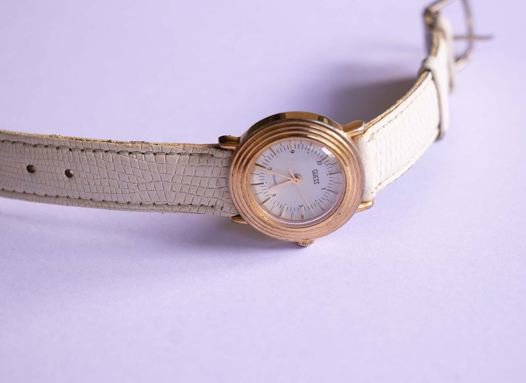 Gold-tone Retro-Vintage Guess Watch with White Leather Bracelet ...