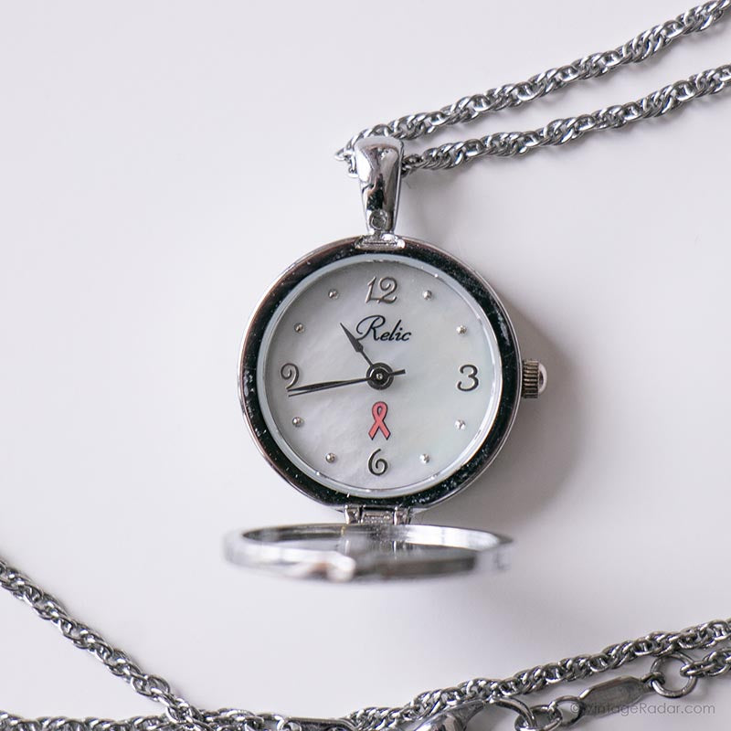 Vintage Relic Medallion Watch | Ladies Pearl Dial Pink Necklace Watch ...