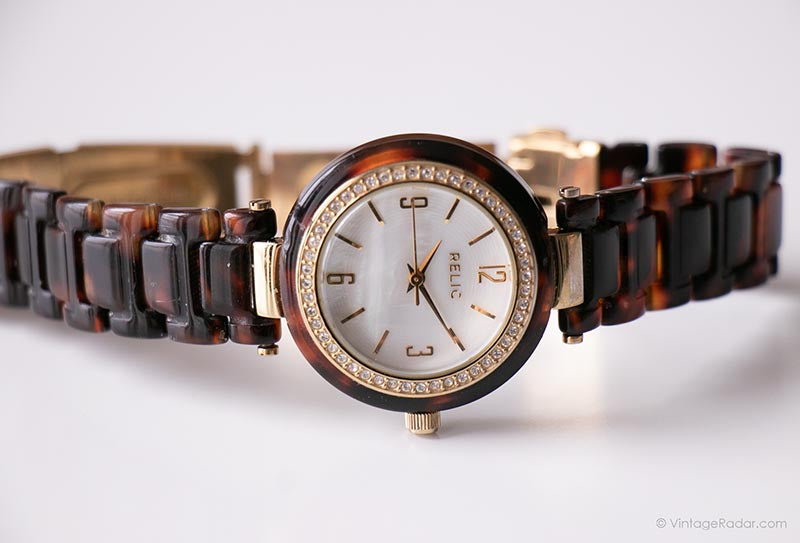 Vintage Pearl Dial Watch by Relic | Brown Fashion Watch with Crystals ...