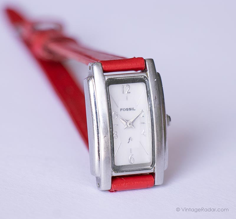 Vintage Tiny Rectangular Fossil Ladies Watch with Red Leather Strap ...