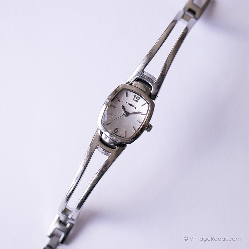 Tiny Rectangular Fossil Watch for Women | Silver-tone Fossil Quartz ...