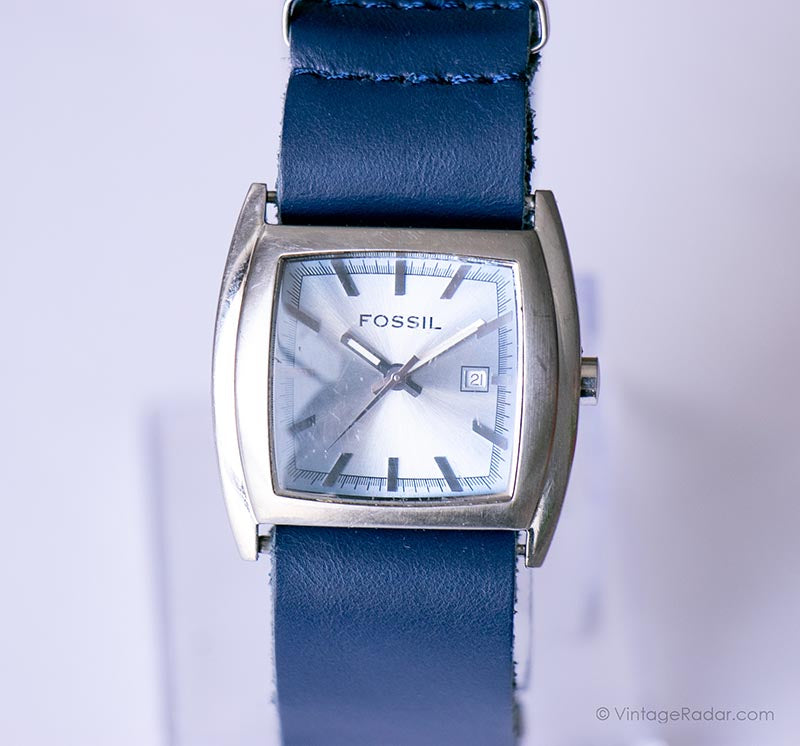 Vintage Blue-dial Fossil Date Watch for Him or Her Navy Leather Strap ...