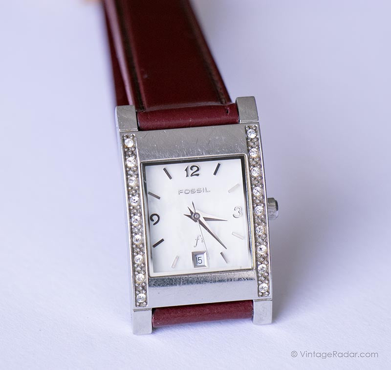 Vintage Rectangular Fossil Watch with Pearly Dial | Designer Watch ...
