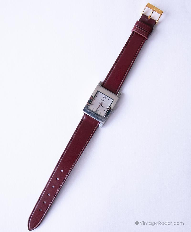 Vintage Rectangular Fossil F2 Date Watch with Burgundy Leather Strap ...