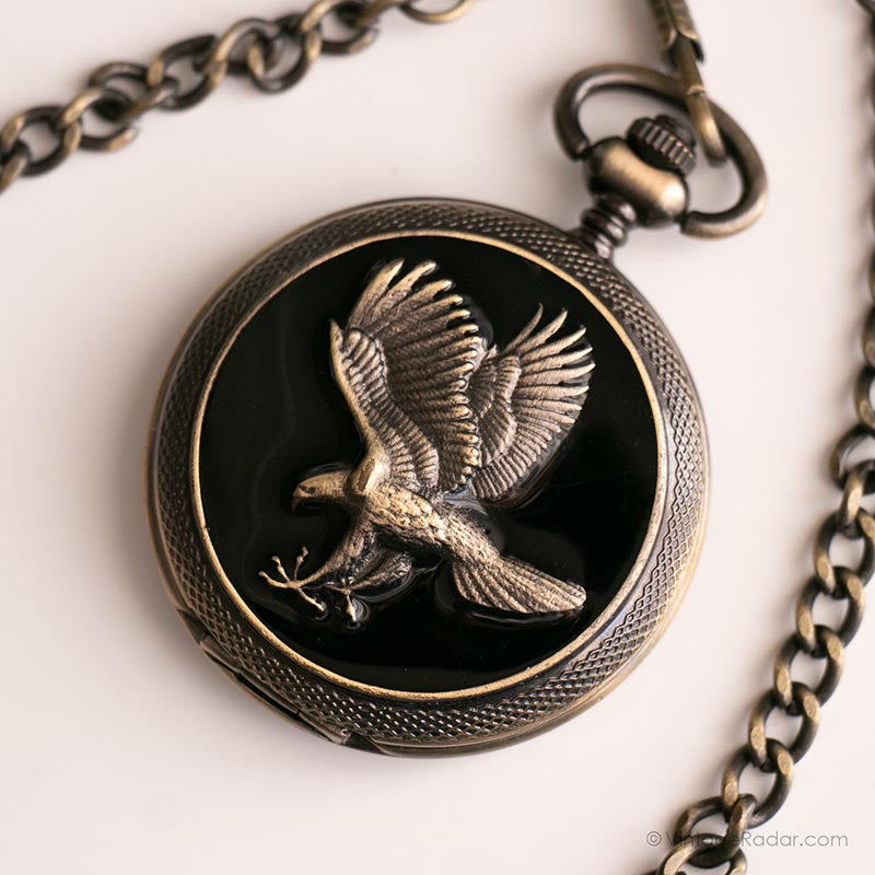 Vintage Eagle Pocket Watch | Dark Silver-tone Vest Watch with Black Di ...