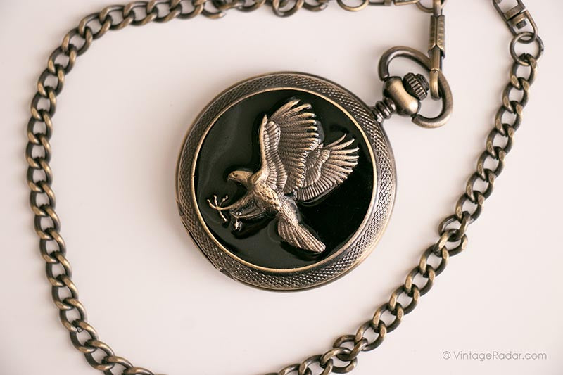 Vintage Eagle Pocket Watch | Dark Silver-tone Vest Watch with Black Di ...