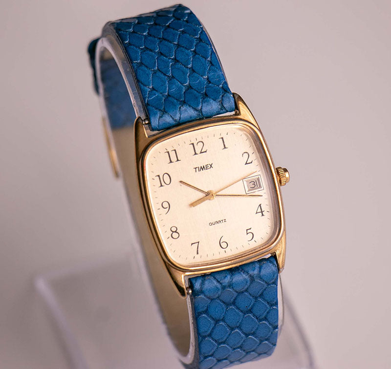 Rectangular Gold-tone Timex Quartz Watch Blue Leather Strap Vintage ...