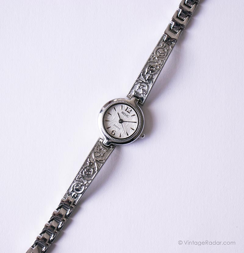 Vintage Silver-tone Relic Folio Watch for Women with Floral Bracelet ...