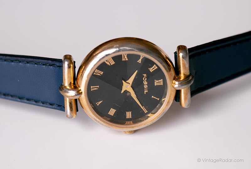 Vintage Black-Dial Fossil Watch for Women with Diamond-Shaped Crystal ...