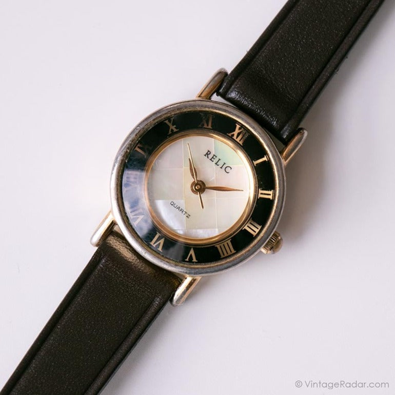 Vintage Relic Watch for Women with Marble-Effect Dial & Black Bezel ...