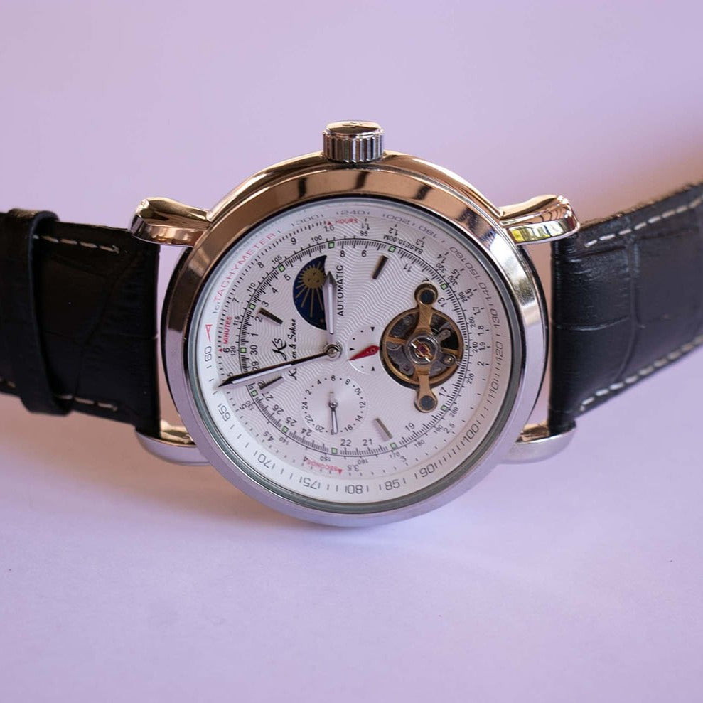 Skeleton Moon Phase Automatic Watch | Steel Moonphase Mechanical Watch ...