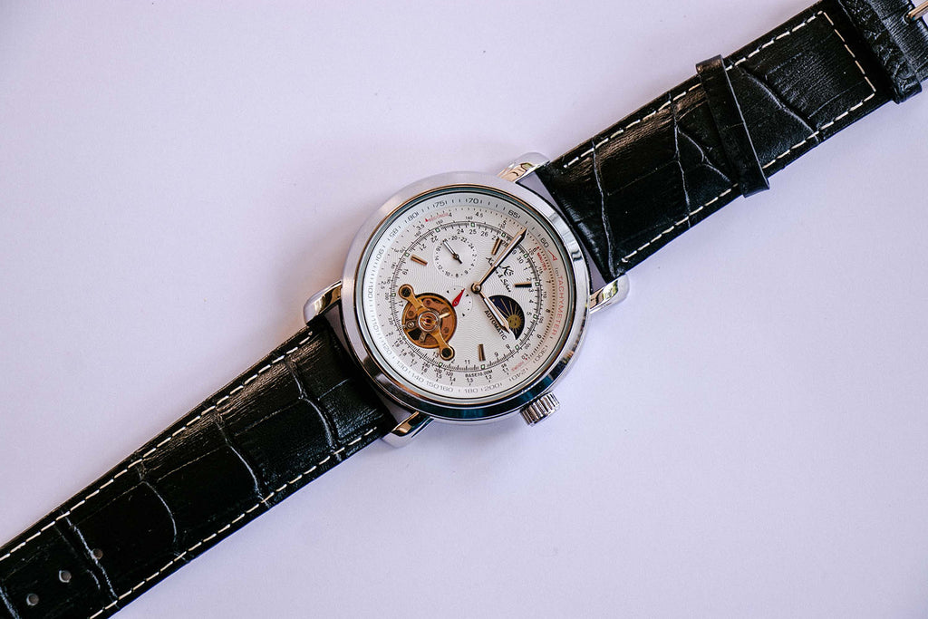 Skeleton Moon Phase Automatic Watch | Steel Moonphase Mechanical Watch ...