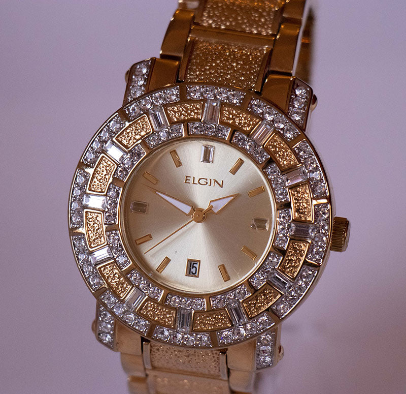 Gold-tone Elgin Women's Date Watch | Gemstones Elgin Quartz Watch ...
