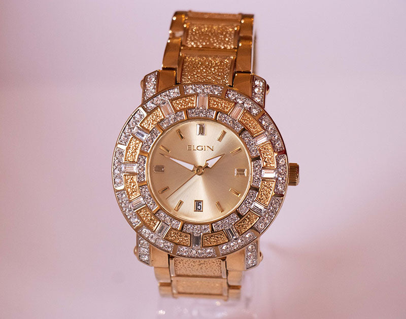 Gold-tone Elgin Women's Date Watch | Gemstones Elgin Quartz Watch ...