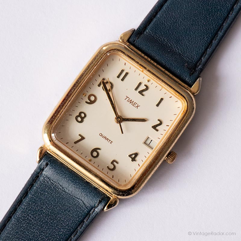 Vintage Rectangular Timex Watch | Gold-tone Date Watch with Blue Strap ...