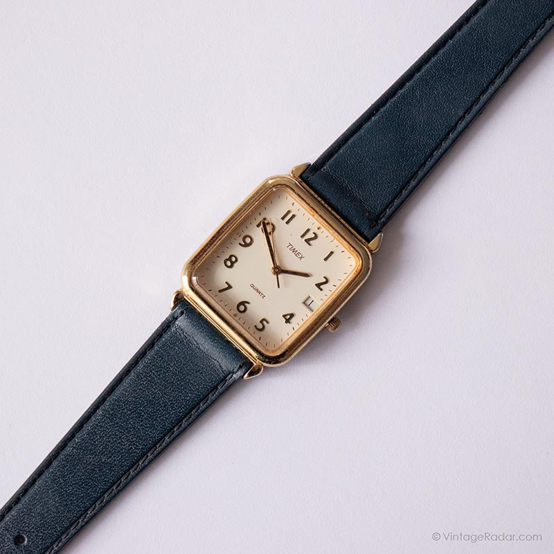 Vintage Rectangular Timex Watch | Gold-tone Date Watch with Blue Strap ...