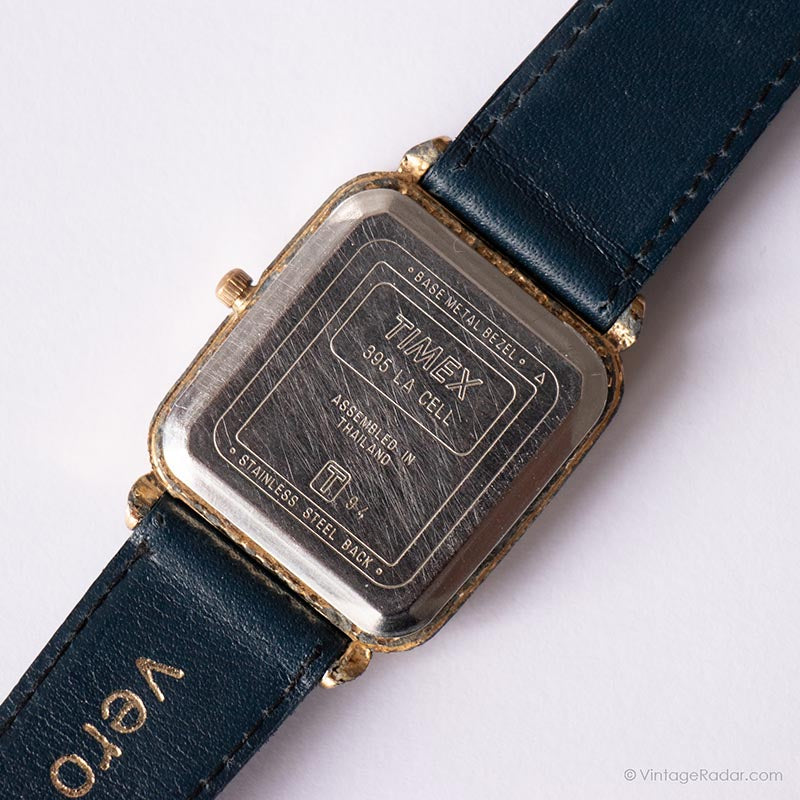 Vintage Rectangular Timex Watch | Gold-tone Date Watch with Blue Strap ...