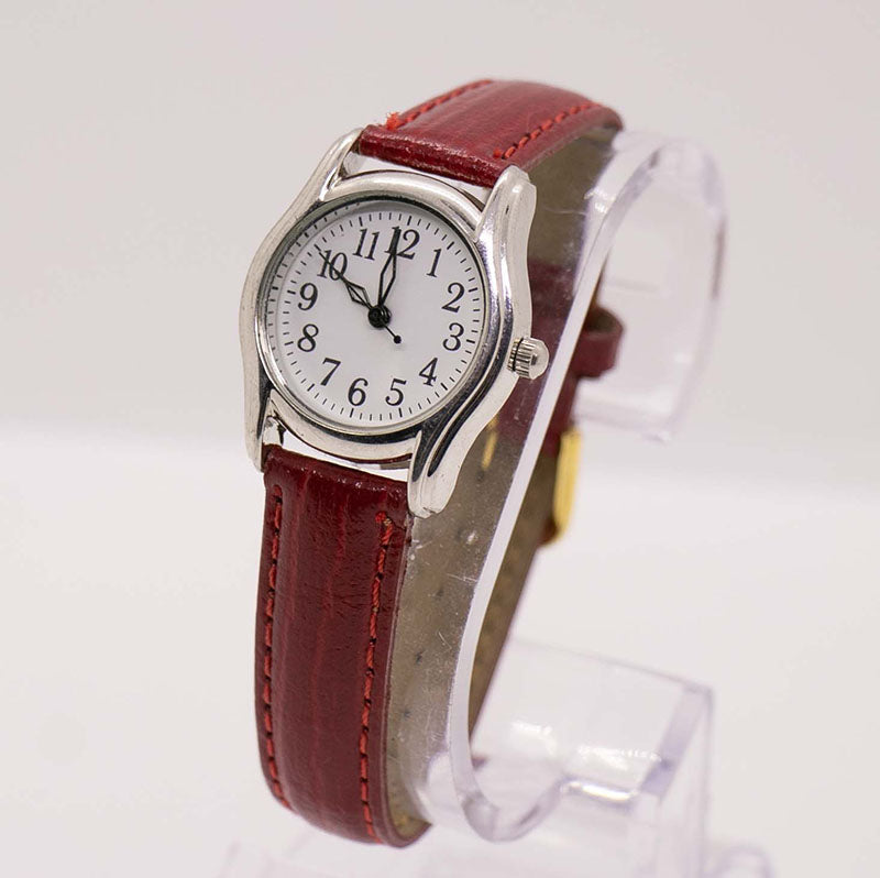 Vintage Silver-tone Quartz Watch with Red Strap | Ladies Quartz Watch ...