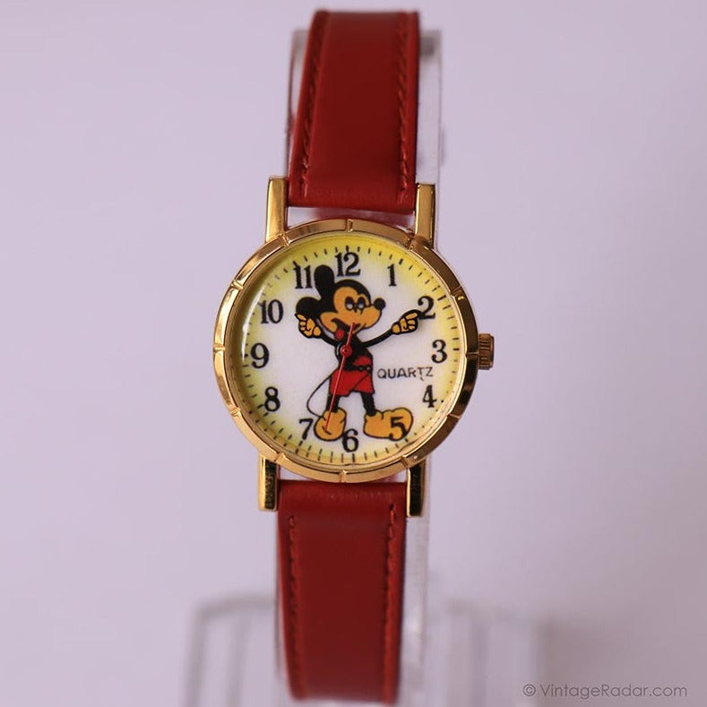 Retro Mickey Mouse Watch for Women on a Red Leather Strap – Vintage Radar