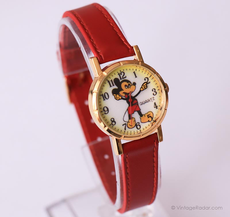 Retro Mickey Mouse Watch for Women on a Red Leather Strap – Vintage Radar