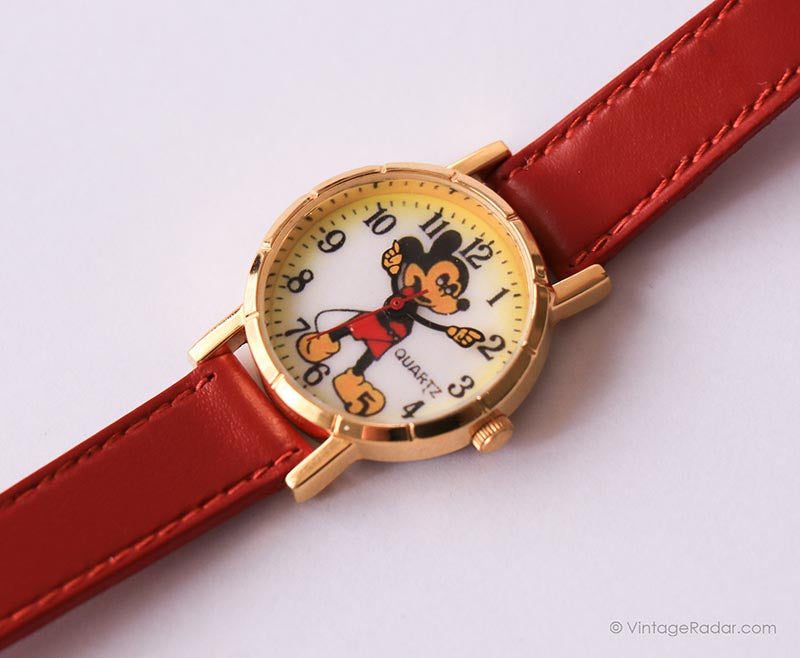 Retro Mickey Mouse Watch for Women on a Red Leather Strap – Vintage Radar