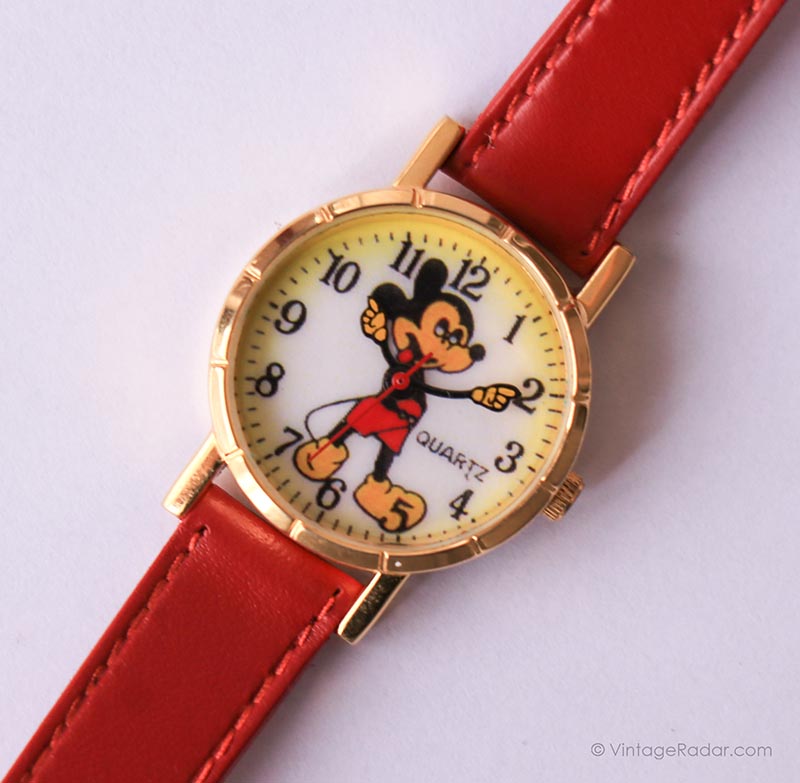 Retro Mickey Mouse Watch for Women on a Red Leather Strap – Vintage Radar